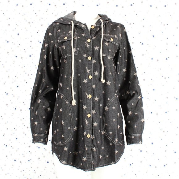 Jackets & Coats | Star Print Hooded Button Up Denim Jacket Black | Poshmark